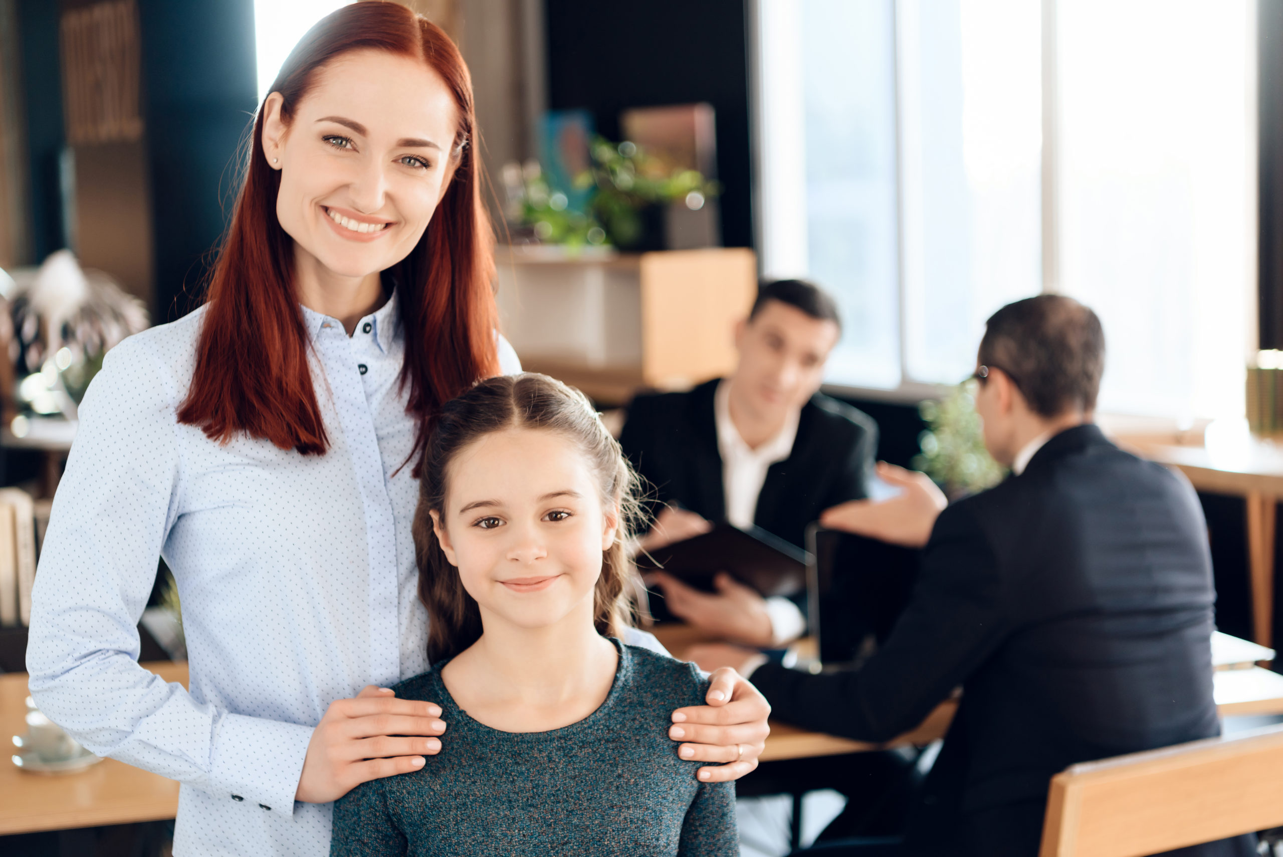 Joyful,Red-haired,Woman,Is,Standing,In,Foreground,And,Hugging,Joyful ...